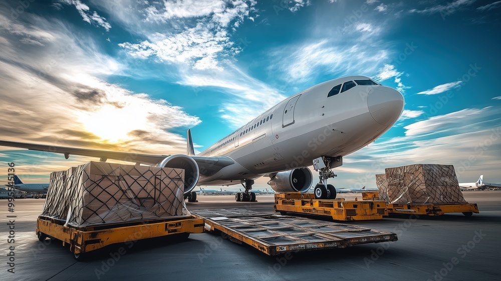 Cargo plane with pallets on tarmac at sunrise. Cargo plane on the ...