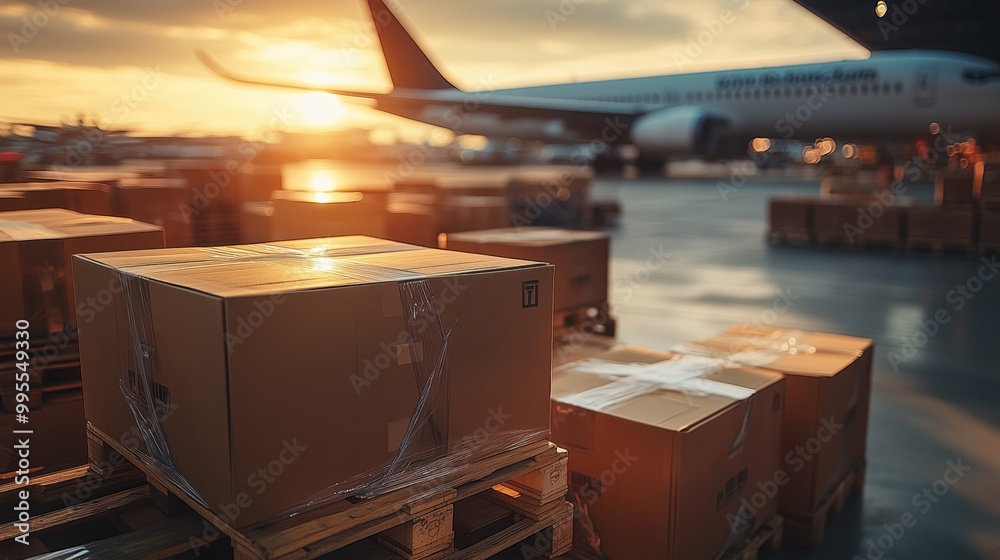 Foto de Air cargo pallets on tarmac during sunset. Cardboard boxes on ...