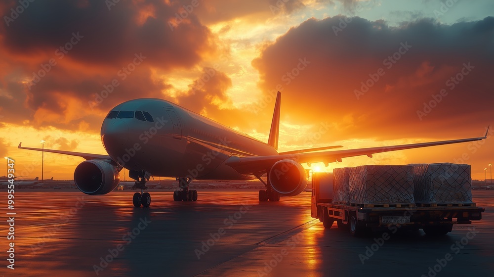 Airplane preparing for cargo loading at sunset. Aircraft on the tarmac ...