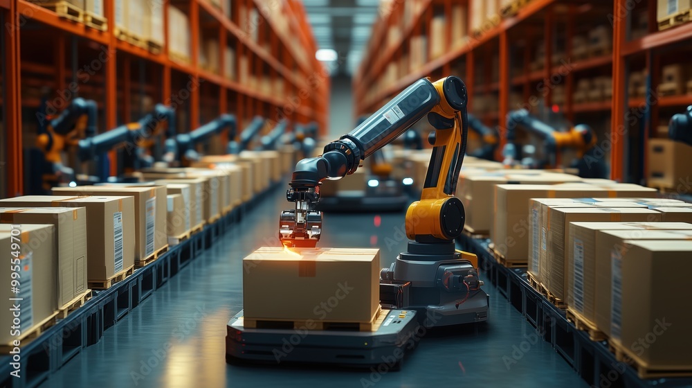 Robots work efficiently to move and sort packages in a fully automated warehouse, demonstrating ...