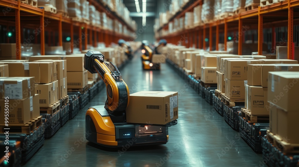 Robotic arm stacking packages in automated warehouse. Robotic arm precisely stacks packages on a ...