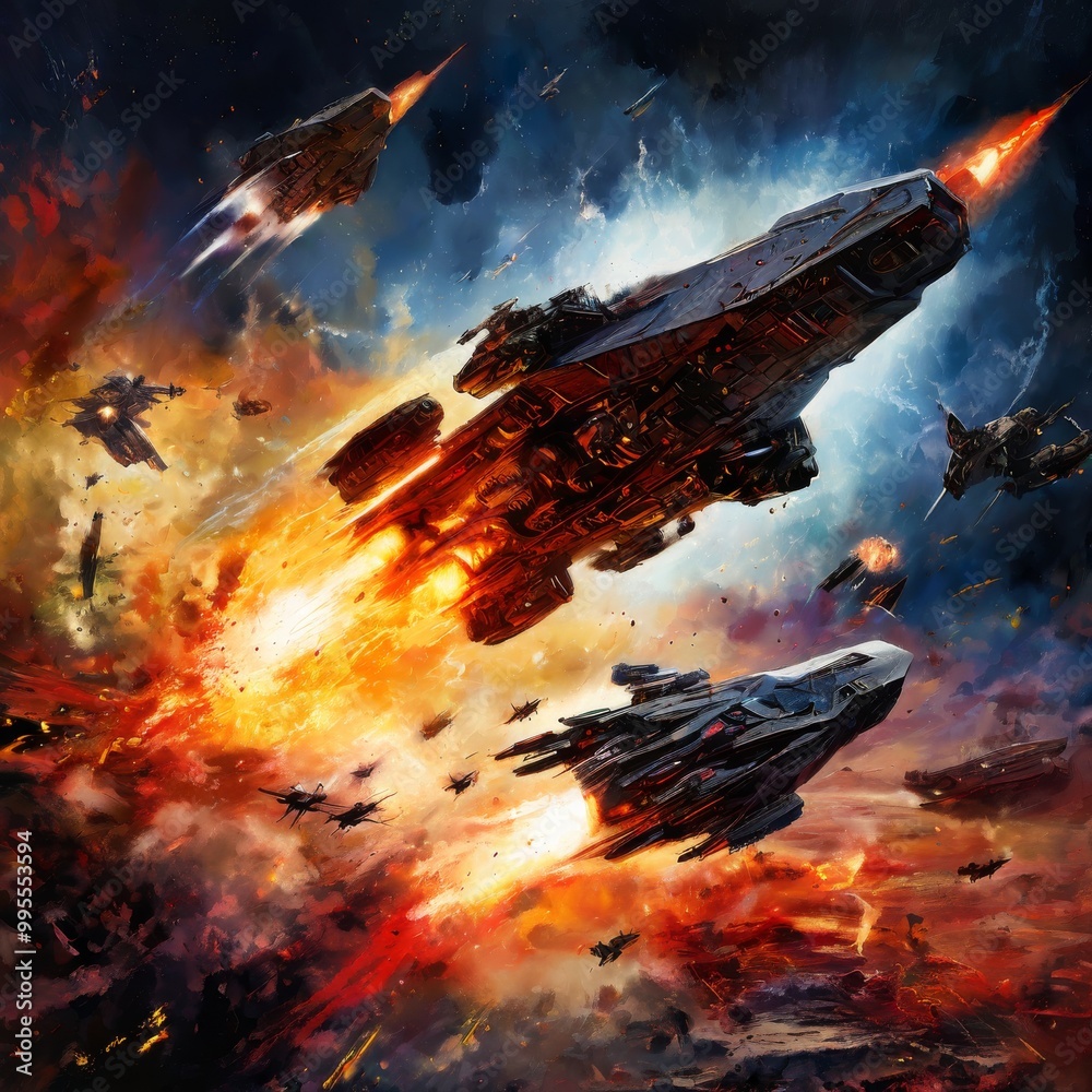 An intense space battle scene featuring futuristic starships engaged in ...