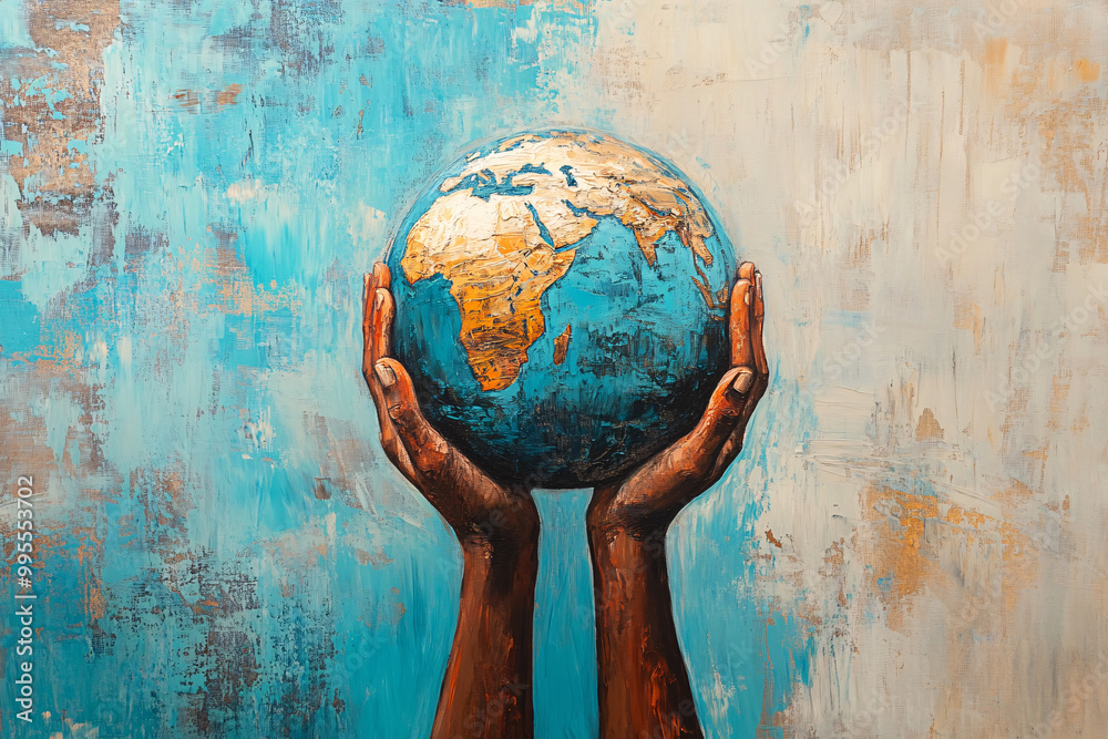 Painting of hands holding a globe with detailed textures and vibrant ...