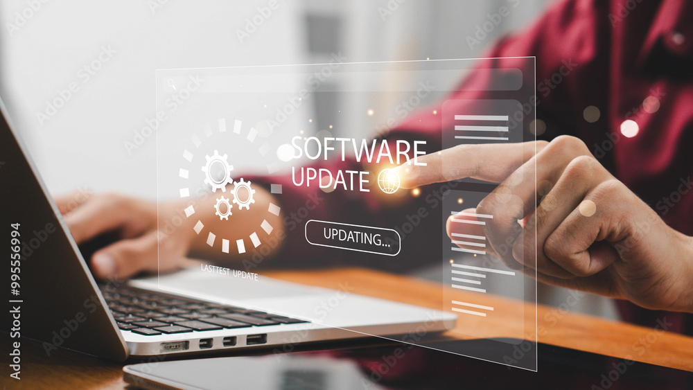 Software update or operating system upgrade concept. Man working and installing update process ...