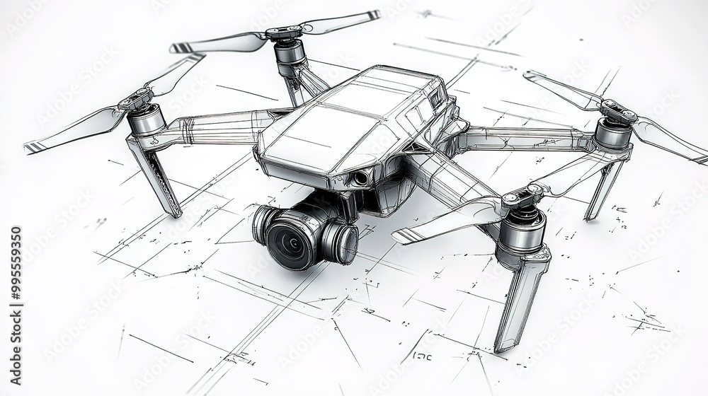 Detailed technical drawing of an advanced drone with a camera, white ...