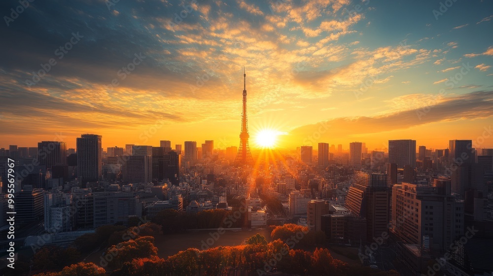 City skyline at sunrise with the sun peeking behind the tower An ...