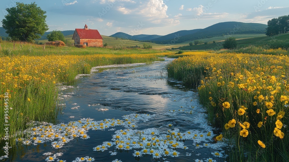 A picturesque landscape featuring a farm with integrated wetlands ...