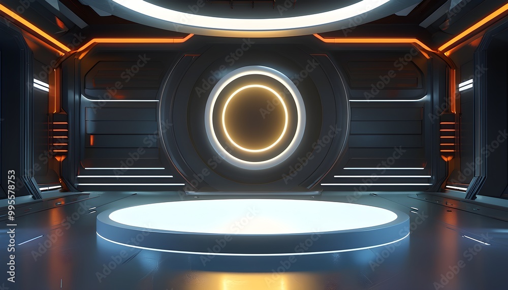 Futuristic stage design featuring a luminous white circle centerpiece ...