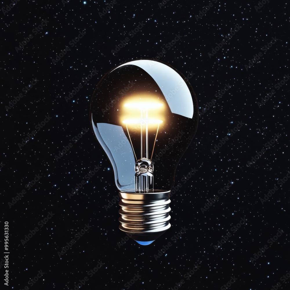 Electric light bulb floating in a zero-gravity space, ambient starlight ...