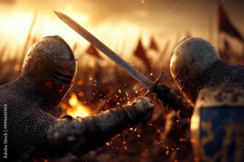 Dramatic image of two medieval knights in full armor clashing swords in a heated battle, with ...