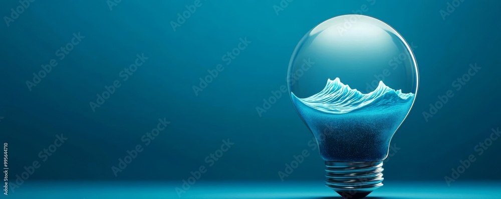 Electric light bulb with a miniature ocean inside, waves glowing softly ...