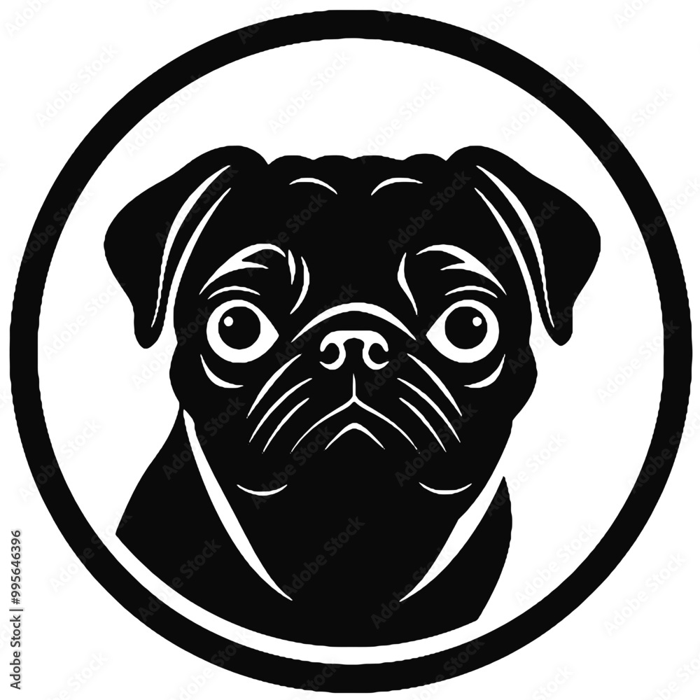 dog, pet, pug, head, vignetting, black and white, doodle, horizontal ...