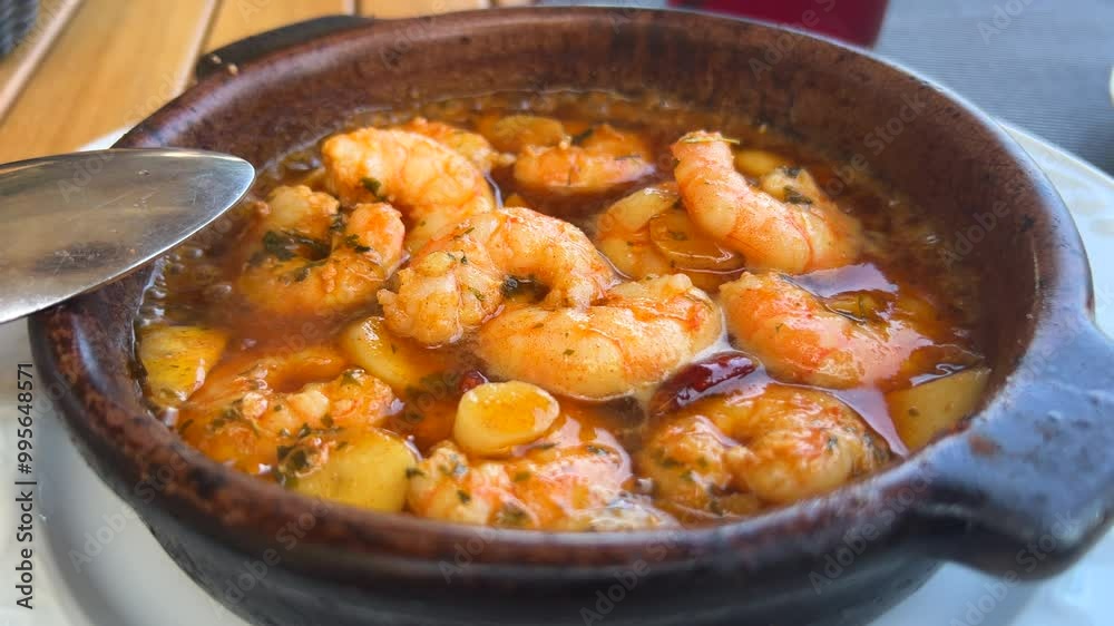 Traditional Spanish Gambas pil pil on a hot plate in Marbella Spain ...