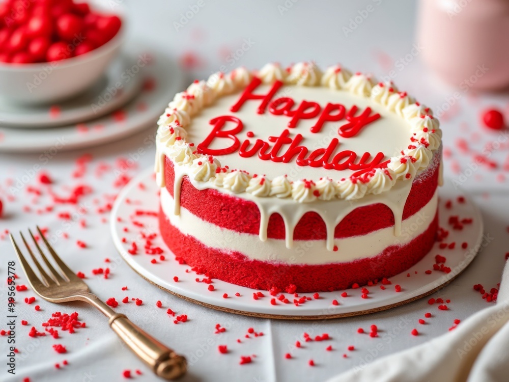 Red velvet birthday cake with white frosting and "Happy Birthday" text ...