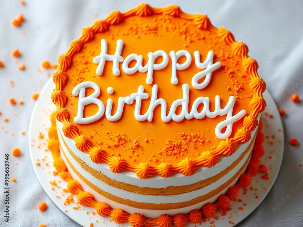 Orange and white birthday cake with "Happy Birthday" in white text ...