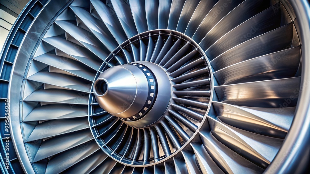 Close-up view of a jet engine turbine blades, powerful, round ...