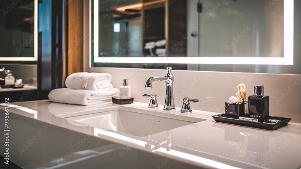 Luxurious Hotel Bathroom Vanity with Modern Amenities. A sleek and ...