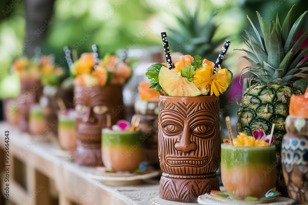 Tropical themed cocktail party with tiki-inspired drinks..Colorful tiki ...
