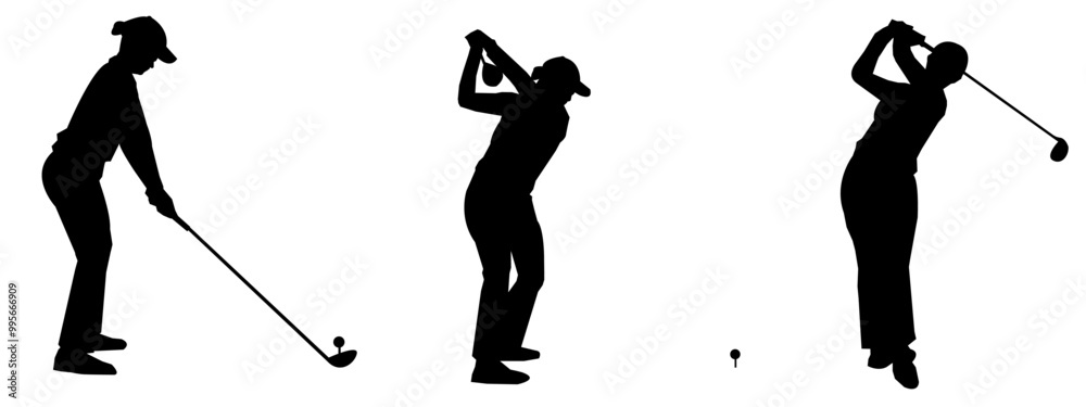 Set of female golfers silhouettes. People playing golf in various ...