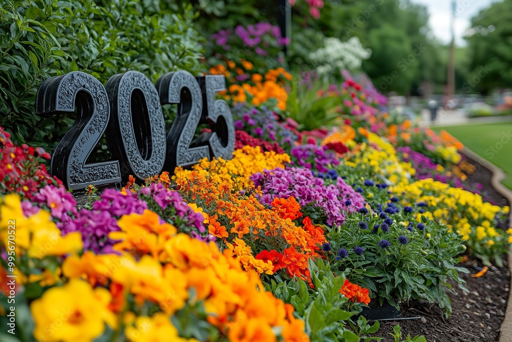 Colorful flower garden with the year 2025 displayed in bold lettering ...