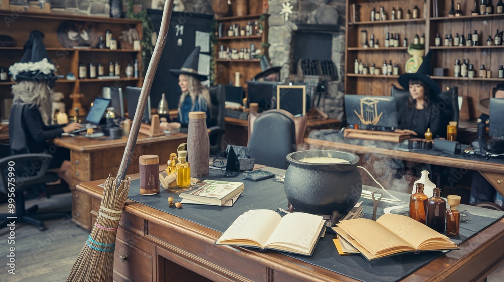 Witch's Office: A Magical Workspace. This image depicts a unique office ...