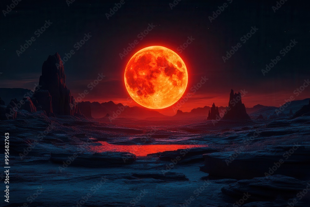 a striking red full moon rises against a dark night sky casting an ...