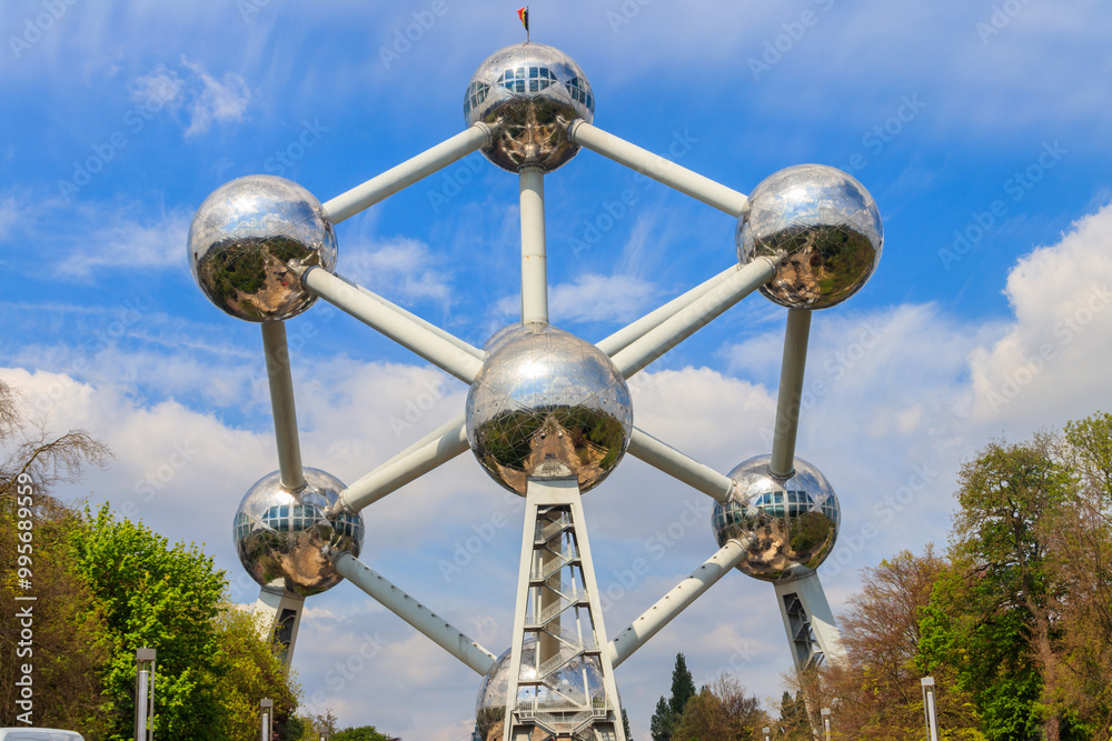 The Atomium of Brussels, a modernist building that represents a silver ...