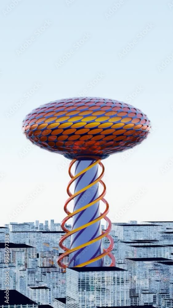 Abstract layout of a modern city with a huge spiral shaped skyscraper ...