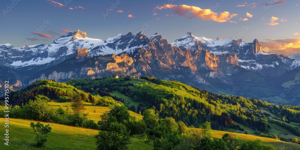 Golden Glow of Sunrise on the Peaks of the Swiss Alps with Spring ...
