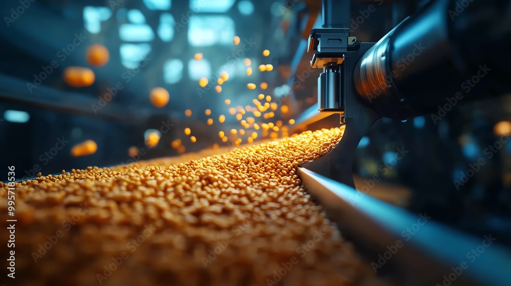 Industrial machines processing grains in a food production facility ...