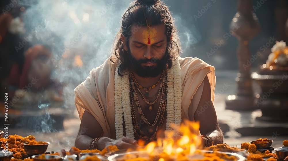 Brahmin Priest Performing Sacred Fire Ritual with Traditional Offerings ...