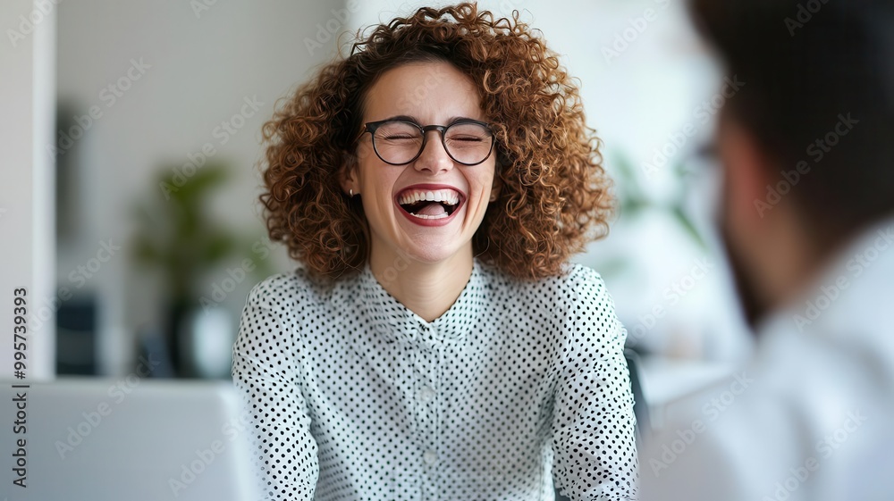 Happy office worker sitting at a desk, laughing with a coworker while ...