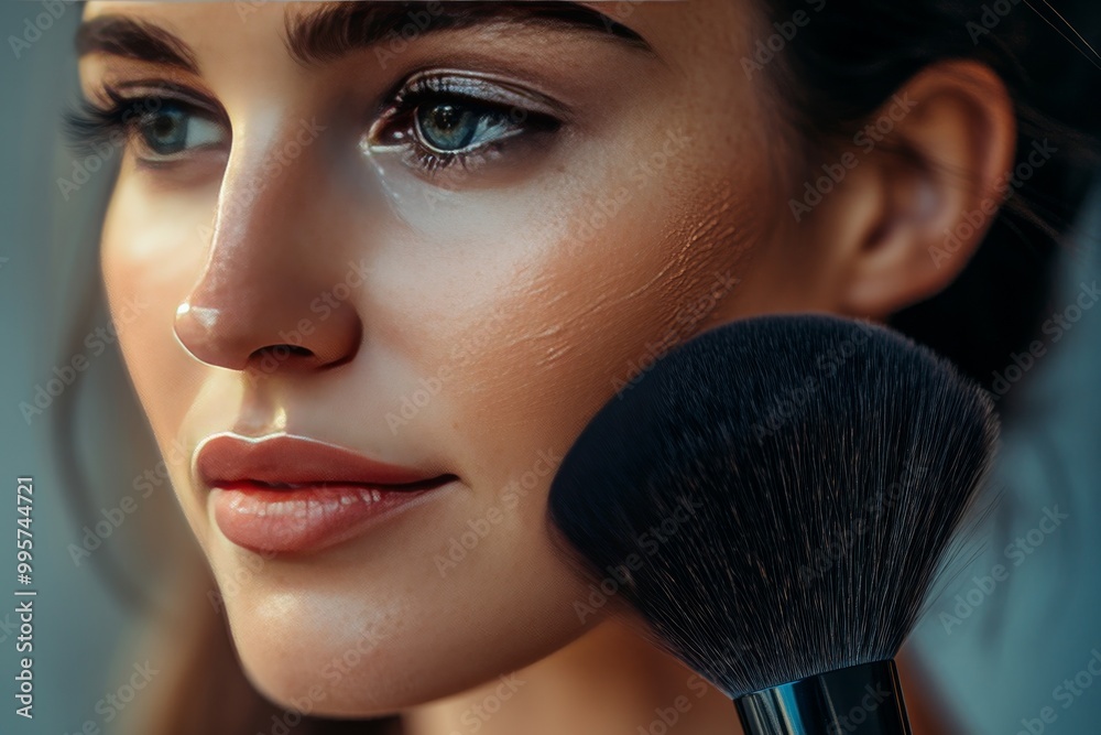 Woman applying bronzer with a fluffy makeup brush creating a soft ...