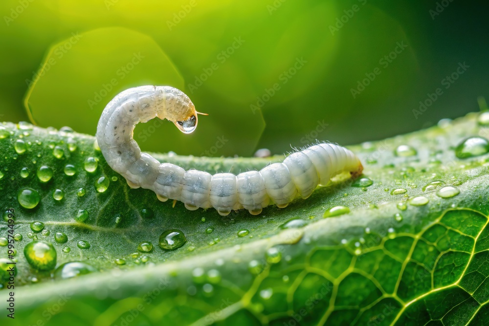 Amidst raindrops gently falling on a lush green backdrop, a slender ...