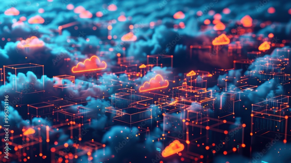 A detailed shot of multiple virtual machines and containers, layered ...