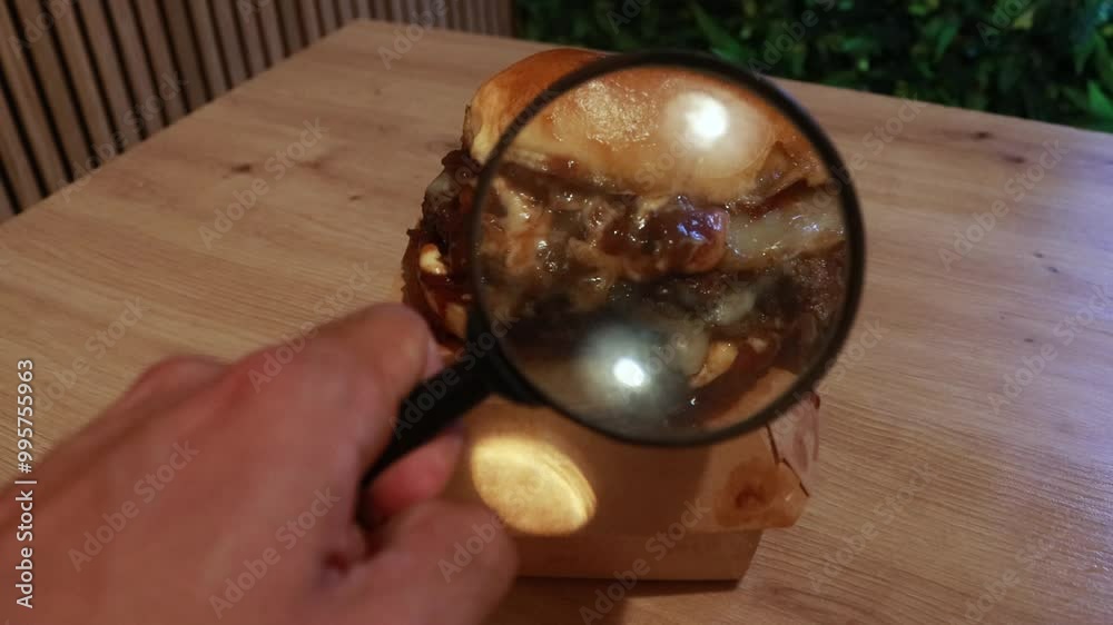 Video of magnifying glass examining a fully cooked burger in detail ...