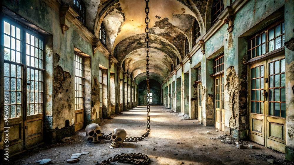 Abandoned Manor: A haunting image of a decaying hallway in an abandoned ...