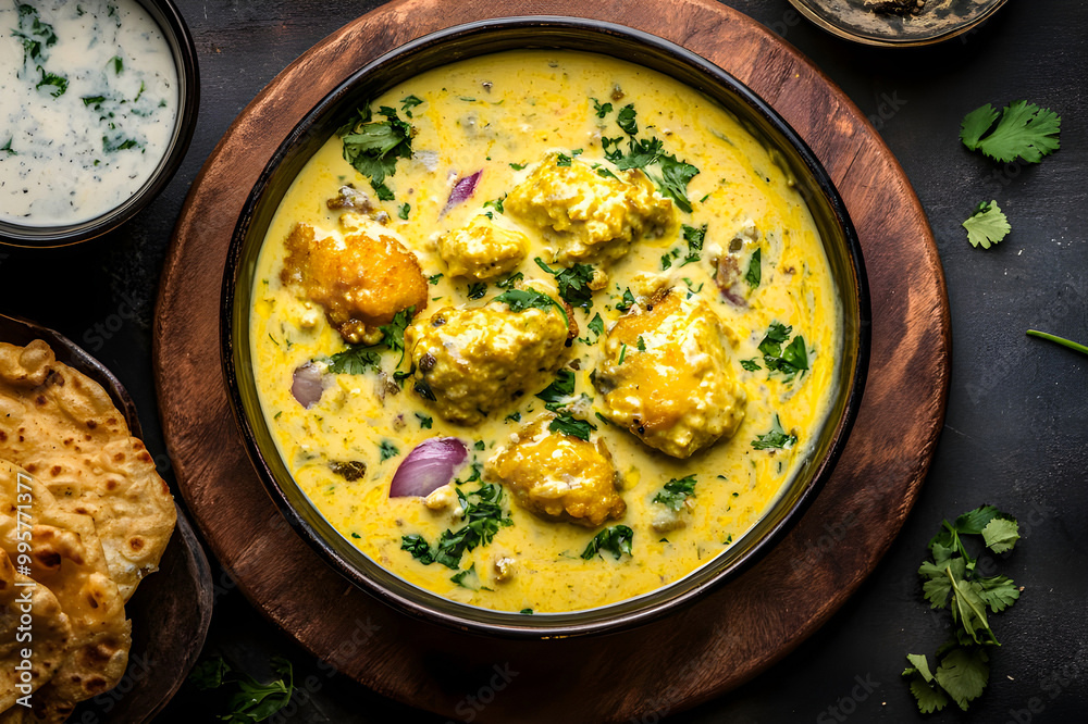 Top view Indulgent Creamy Kadhi Pakora – Soft, Spiced Pakoras Submerged ...