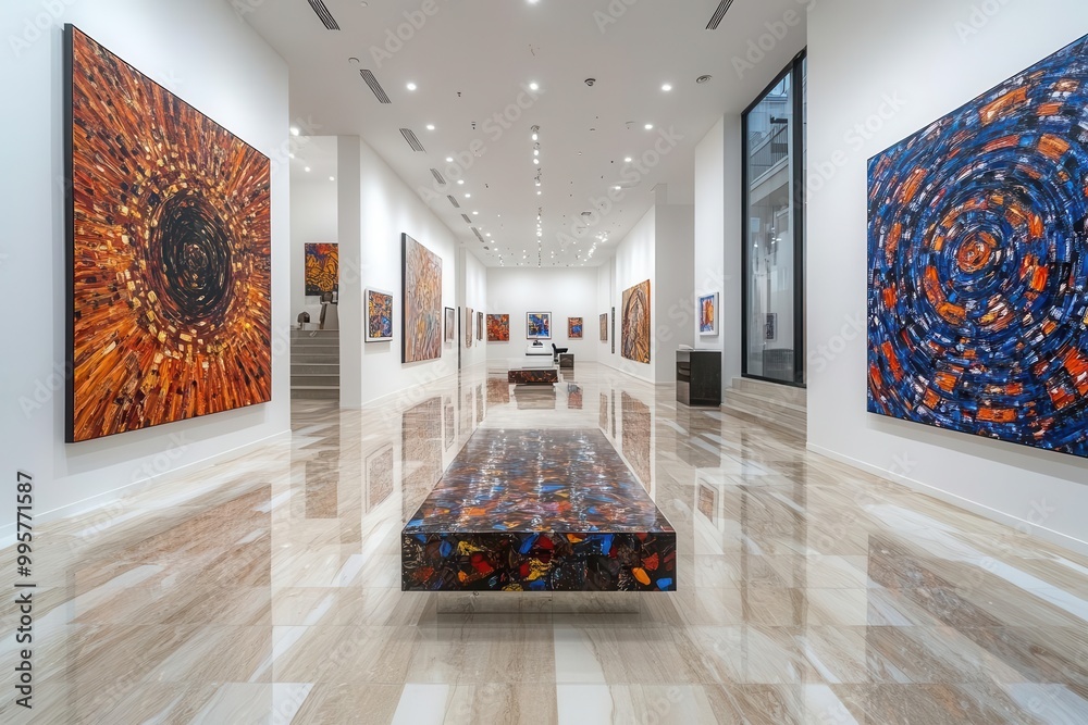 an art gallery space with minimalist white walls elegantly displaying a ...