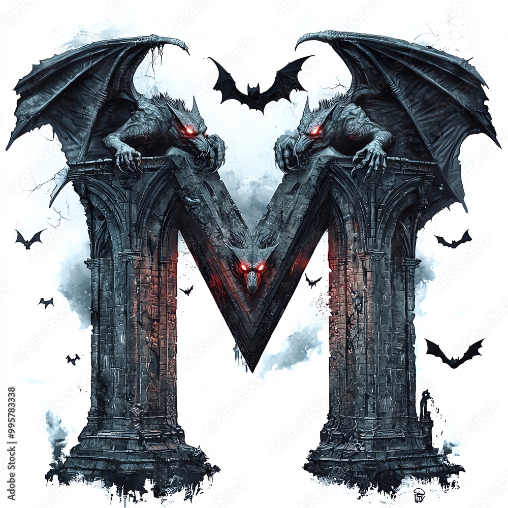 Gothic letter M with gargoyles and bats in dark fantasy style, white ...
