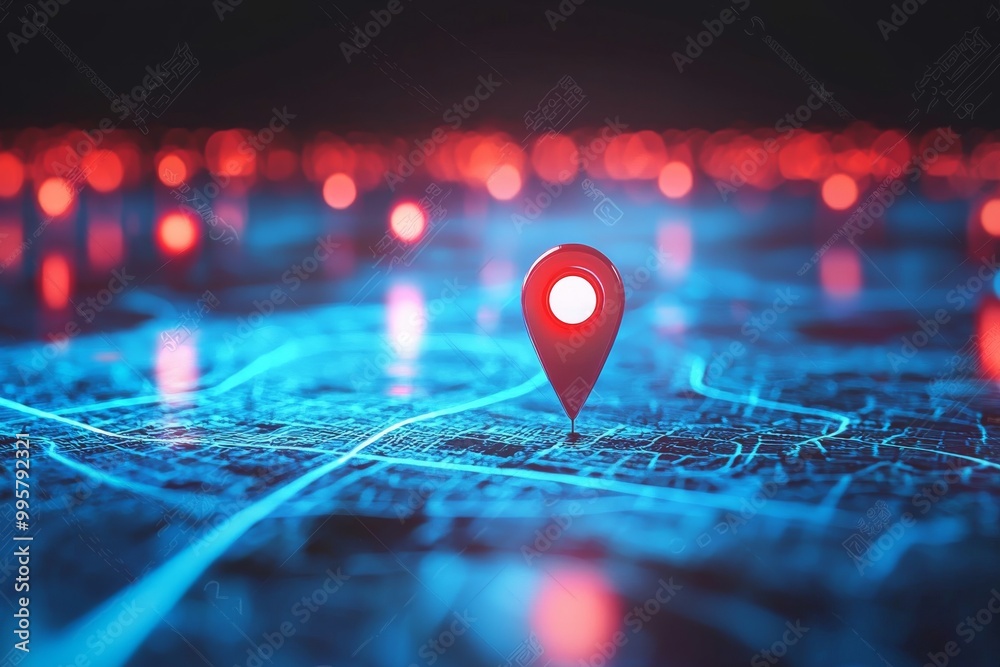Digital GPS Location Pin on Futuristic Map Interface with Red and Blue ...