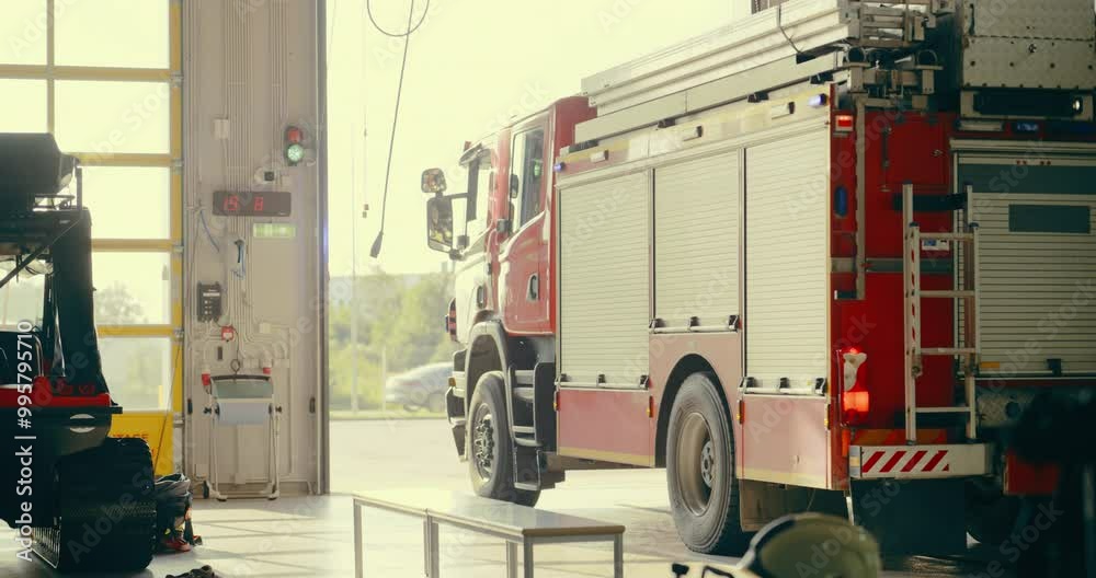 Fire Truck Moves Into Action as the Garage Door at Fire Department ...
