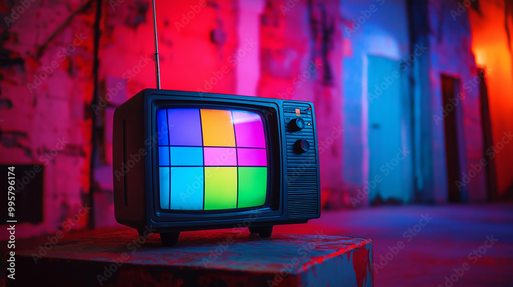 An old-fashioned television set placed on a surface, possibly a table ...