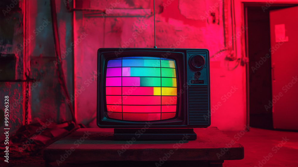 An old-fashioned television set placed on a surface, possibly a table ...