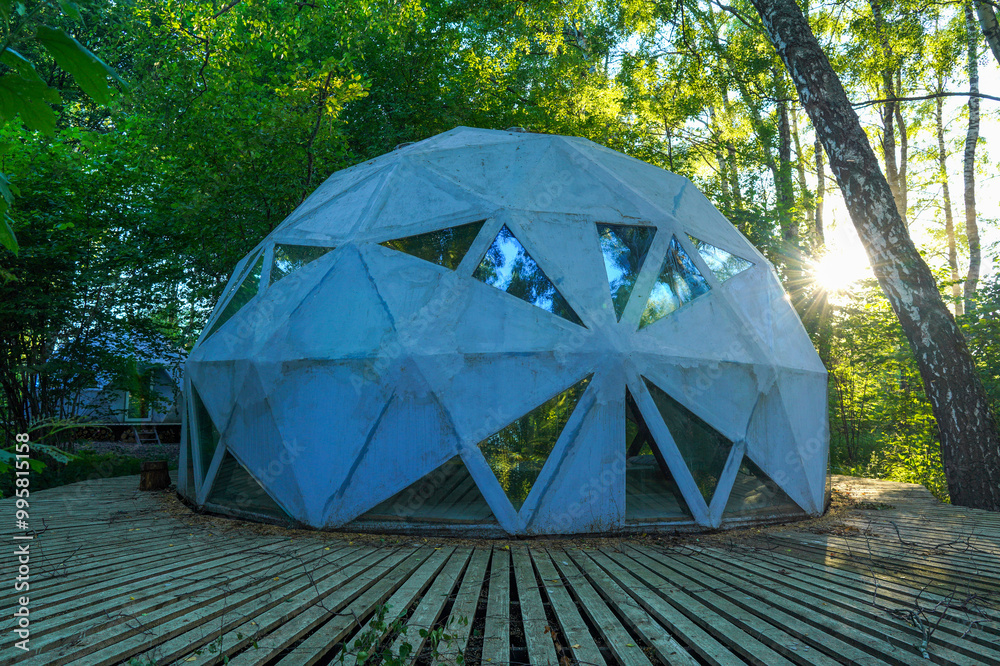 Glamping Domes in campsite in forest. Geodesic Dome House. Glamping ...