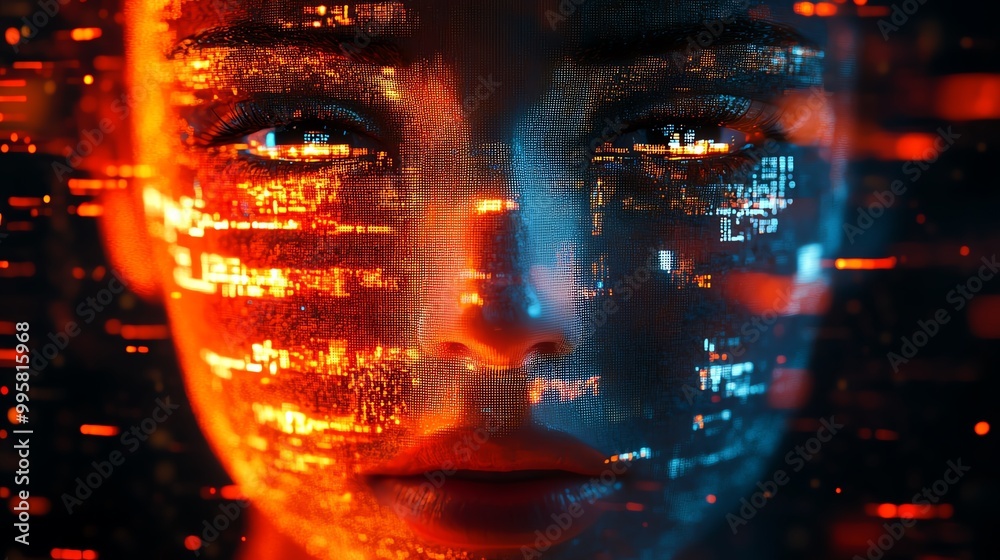 Abstract human face made of blinking pixels, digital identity concept ...