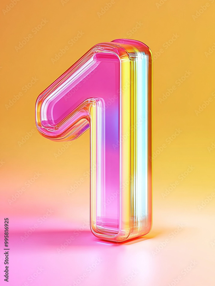 3D transparent glass textured number "1" icon, blind box cartoon design ...