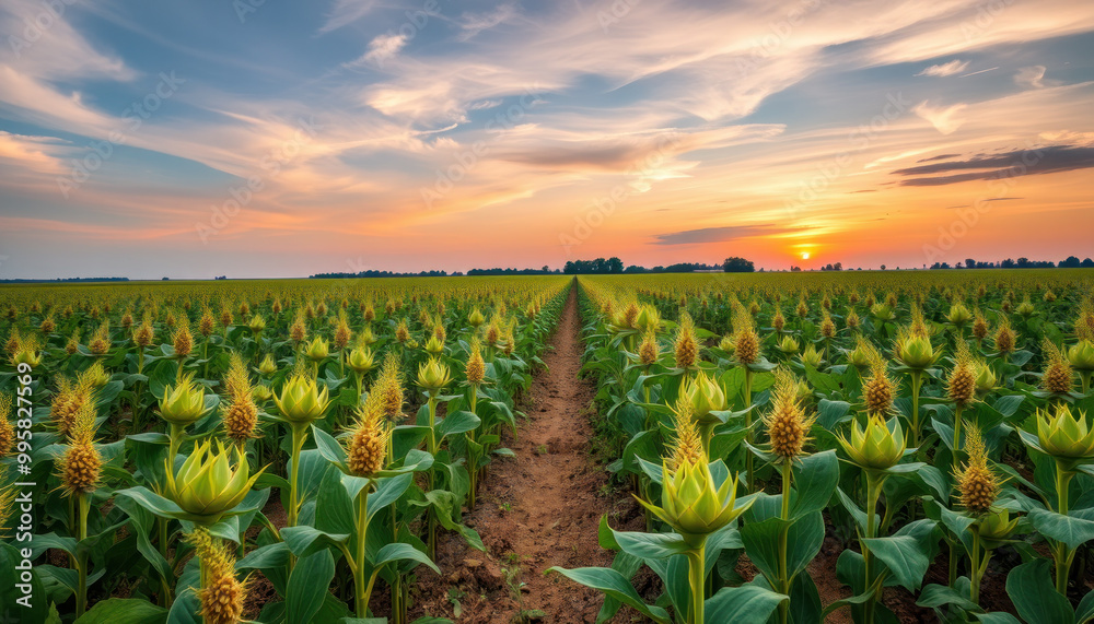 Sunset over corn field with sunflowers in foreground. Beautiful rural ...