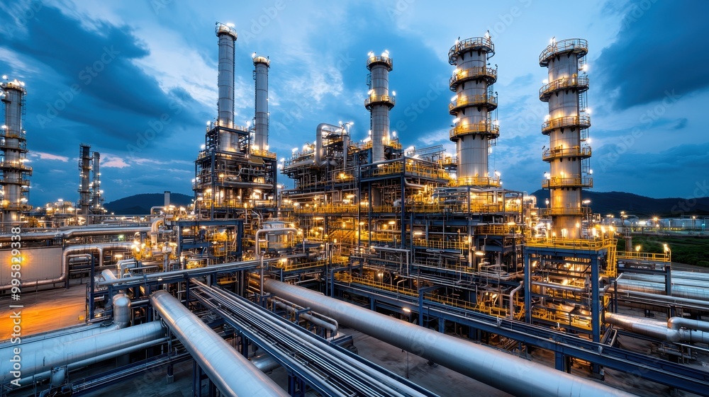 Industrial Petrochemical Plant with Complex Piping Systems and Dominant ...