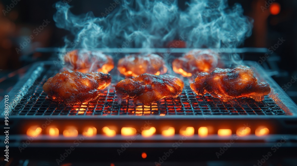 Smoked chicken wings on a digital grill, holographic flames and smoke ...